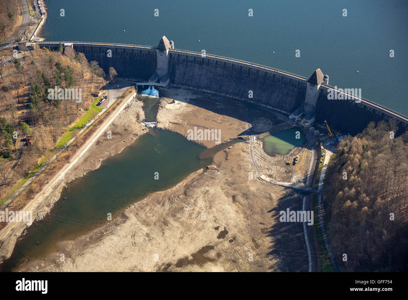 Aerial view, dam Möhnesee with emptied lower reservoir front of the dam ...