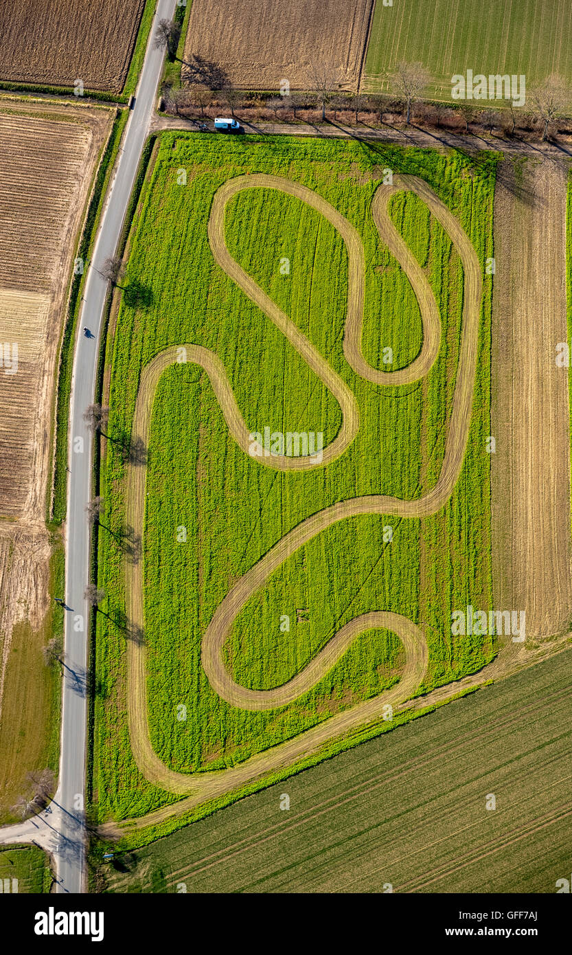 Aerial view, motocross terrain on a harvested field in Werl, Soester ...