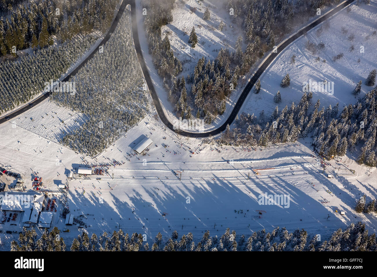 Aerial view, lifts in Winterberg on the first weekend of skiing in 2014 ...
