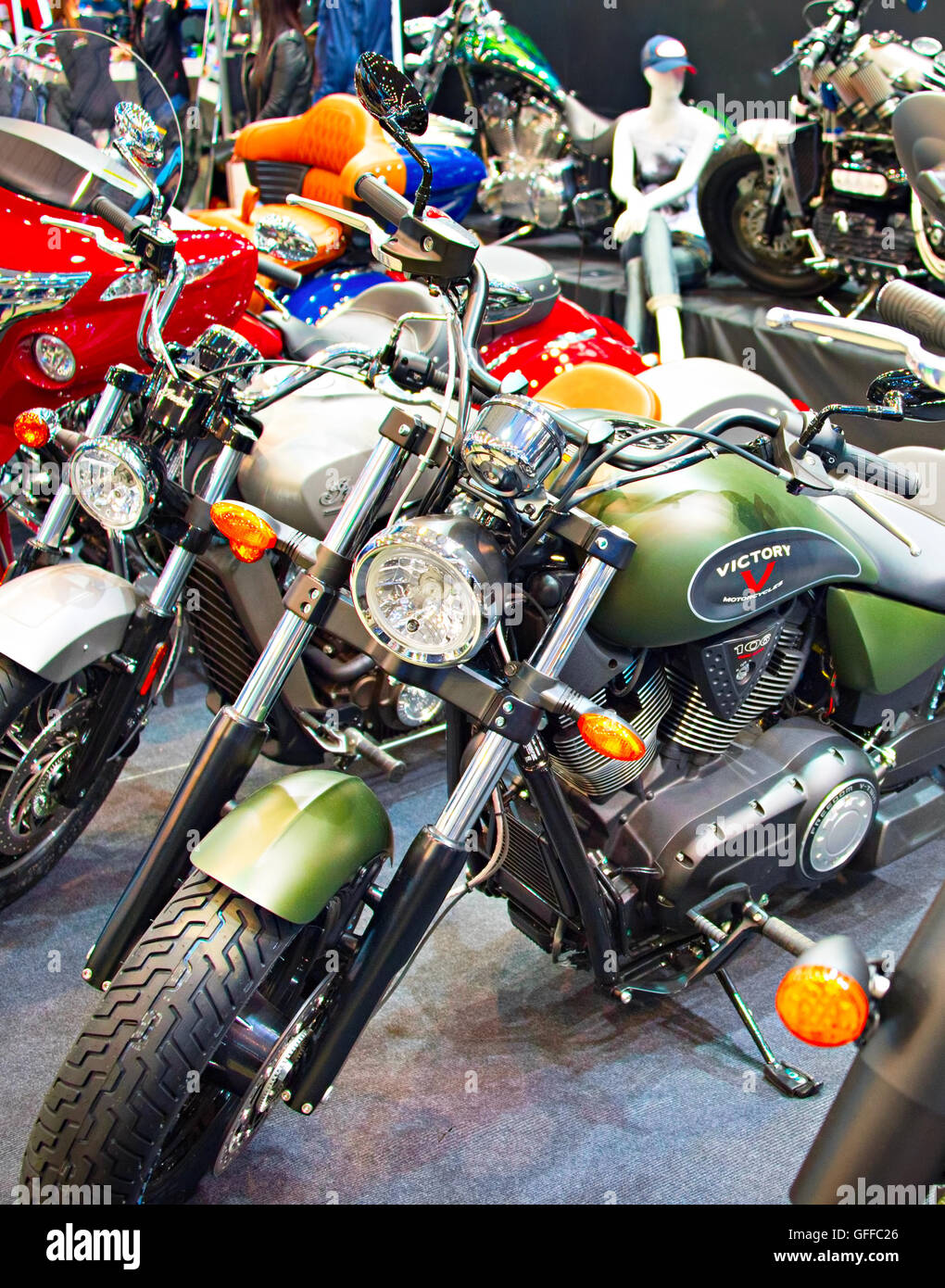 Row of retro and custom motorcycles on display at MotoBike 2016 Motor ...