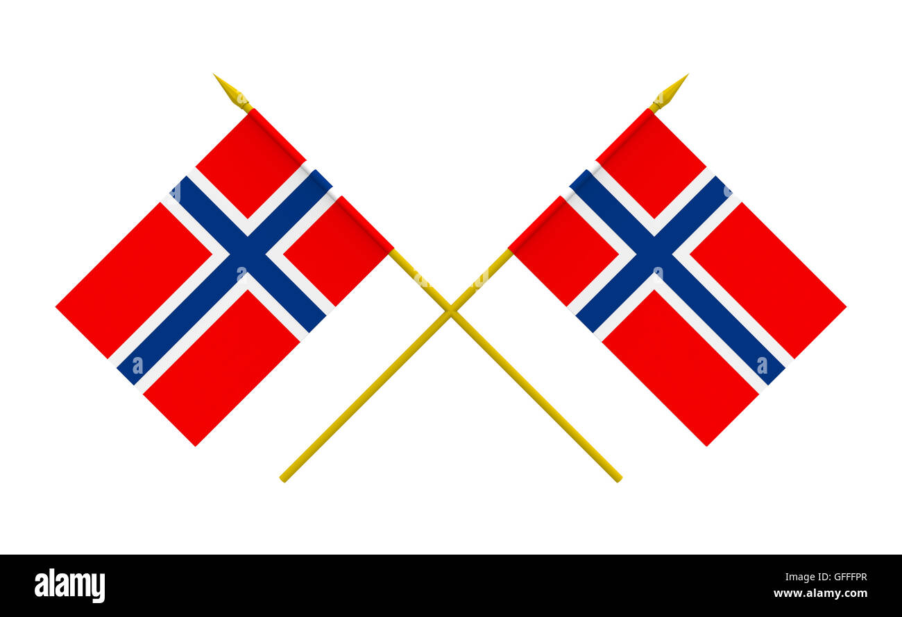 Two crossed flags of Norway, 3d render, isolated on white Stock Photo ...