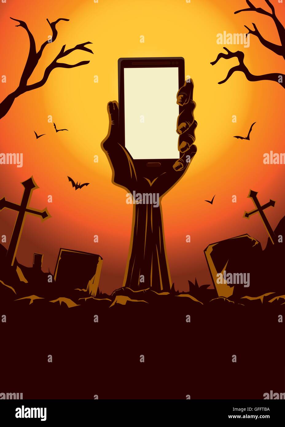 Zombie hand holding smartphone blank screen up from the grave Stock ...