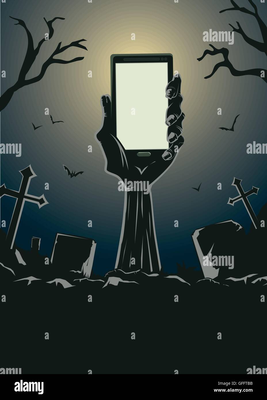 Zombie hand holding smartphone blank screen up from the grave Stock ...