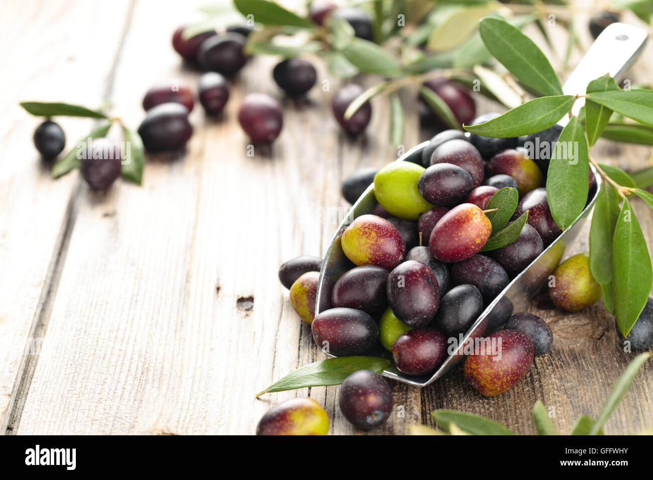 Scoop of fresh green and black olives Stock Photo - Alamy