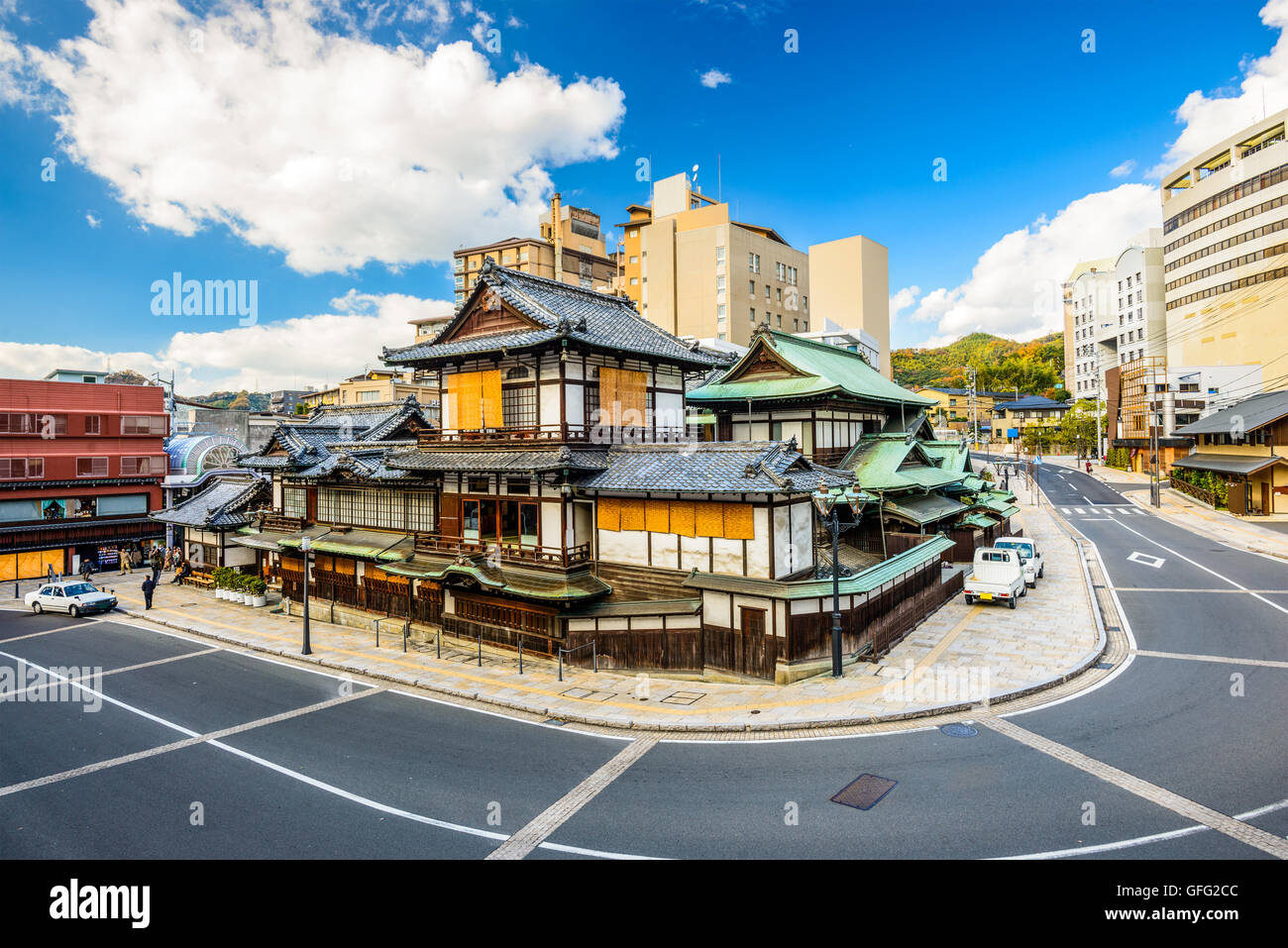 Matsuyama, Japan downtown at the traditional hot springs bathhouse ...