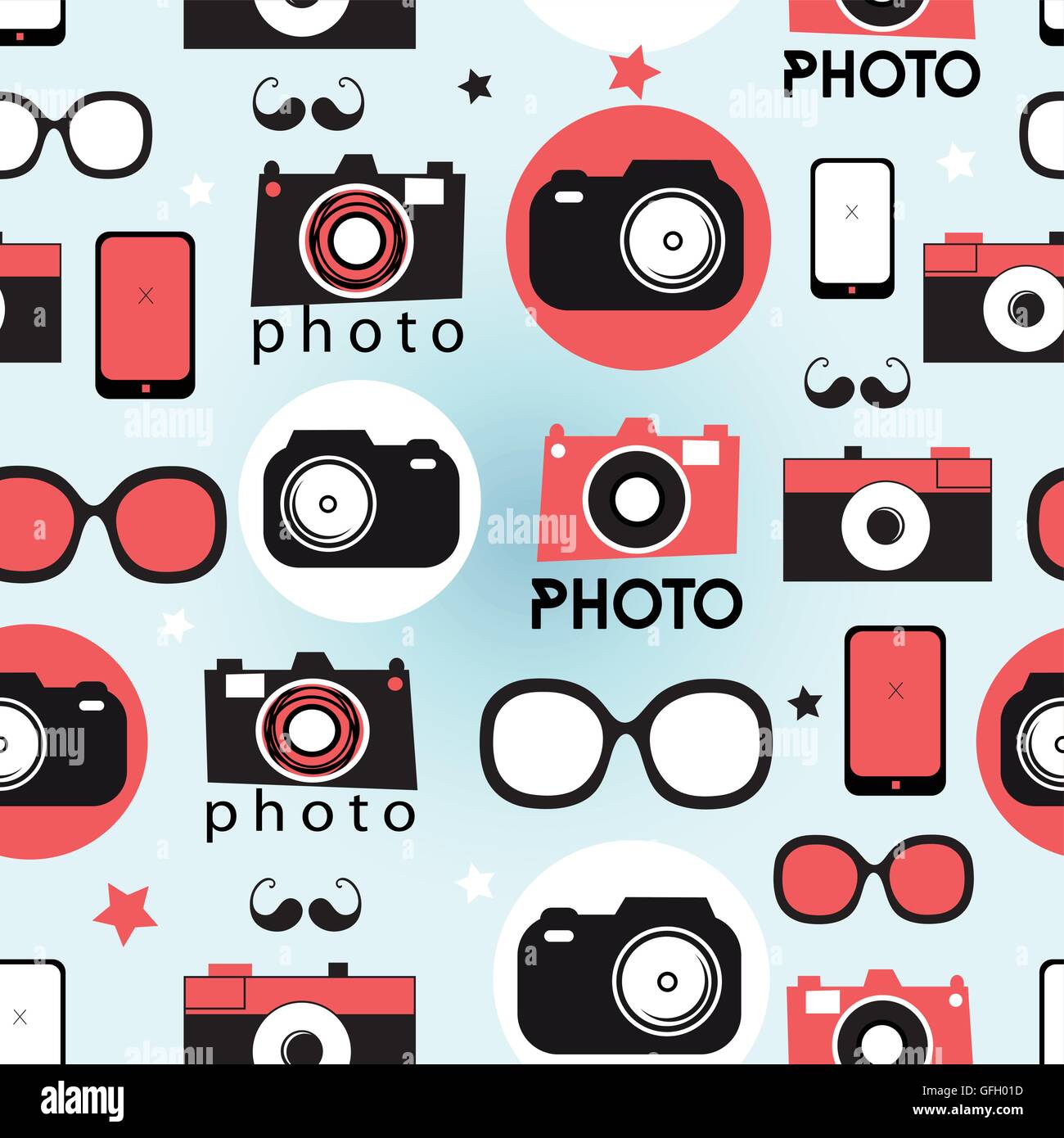 Seamless graphic pattern of cameras and mobile phone on a blue ...