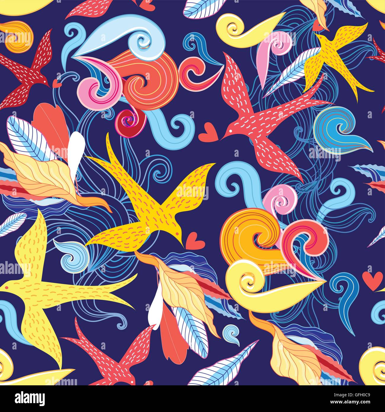 Graphic floral pattern with birds in love on a blue background Stock ...