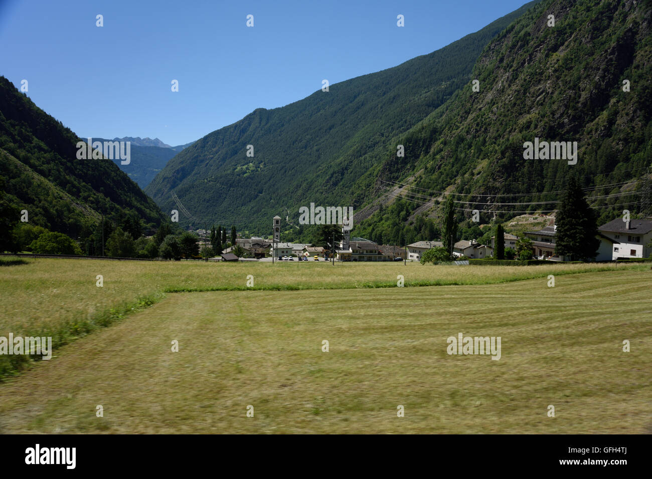A view in the Alpine region of Switzerland with villages lakes ...