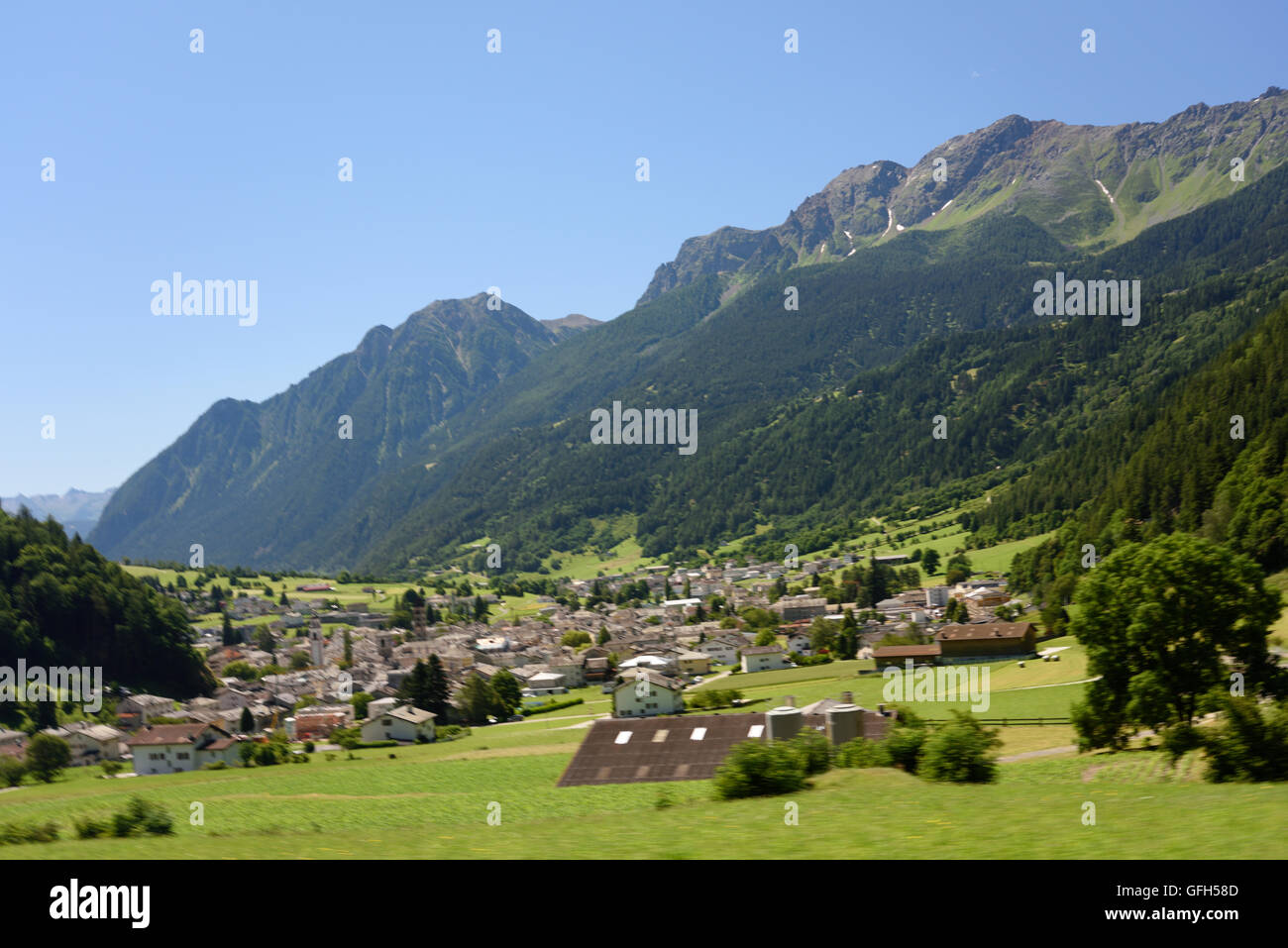A view in the Alpine region of Switzerland with villages lakes ...