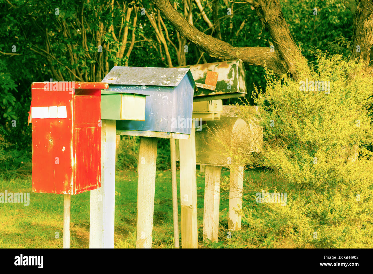 Reto style image old letterbox line up different colors red,green, blue ...