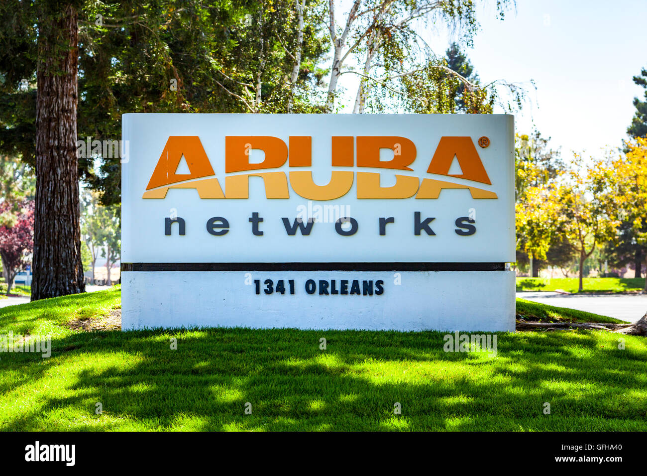 A sign for Aruba Networks in the Silicon Valley California Stock Photo ...