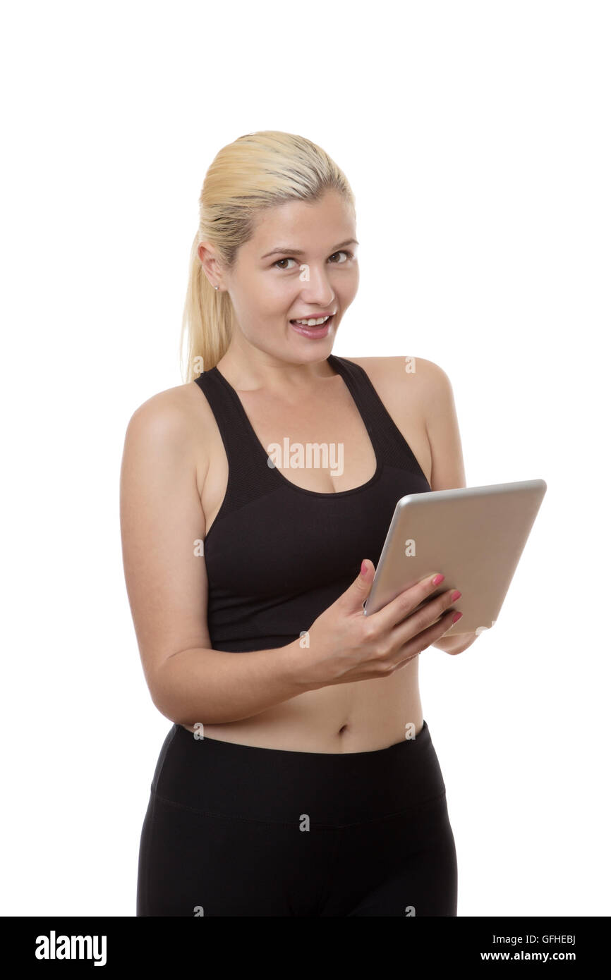 happy fitness woman using a tablet Stock Photo - Alamy