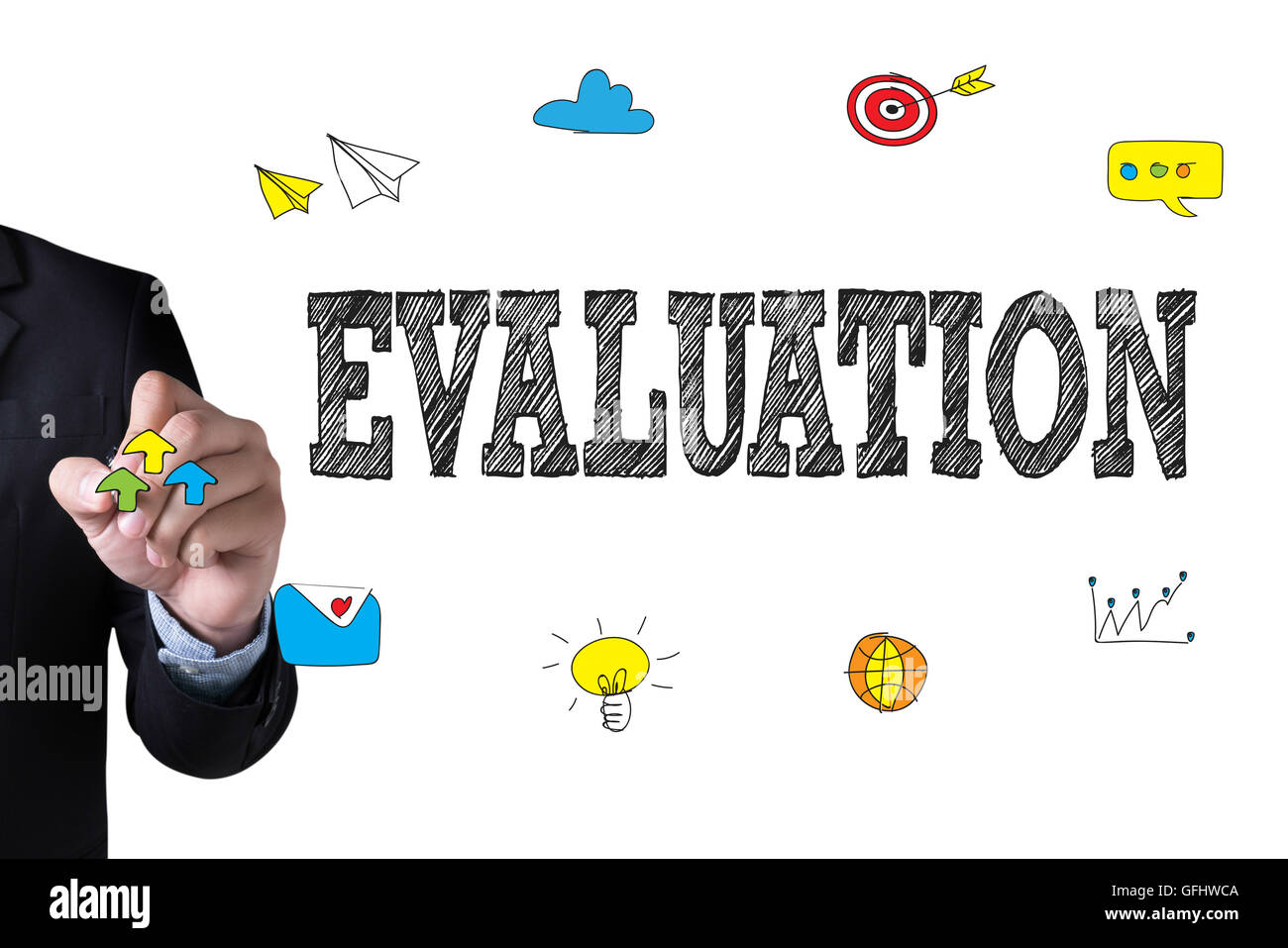 EVALUATION and Businessman drawing Landing Page on white background ...