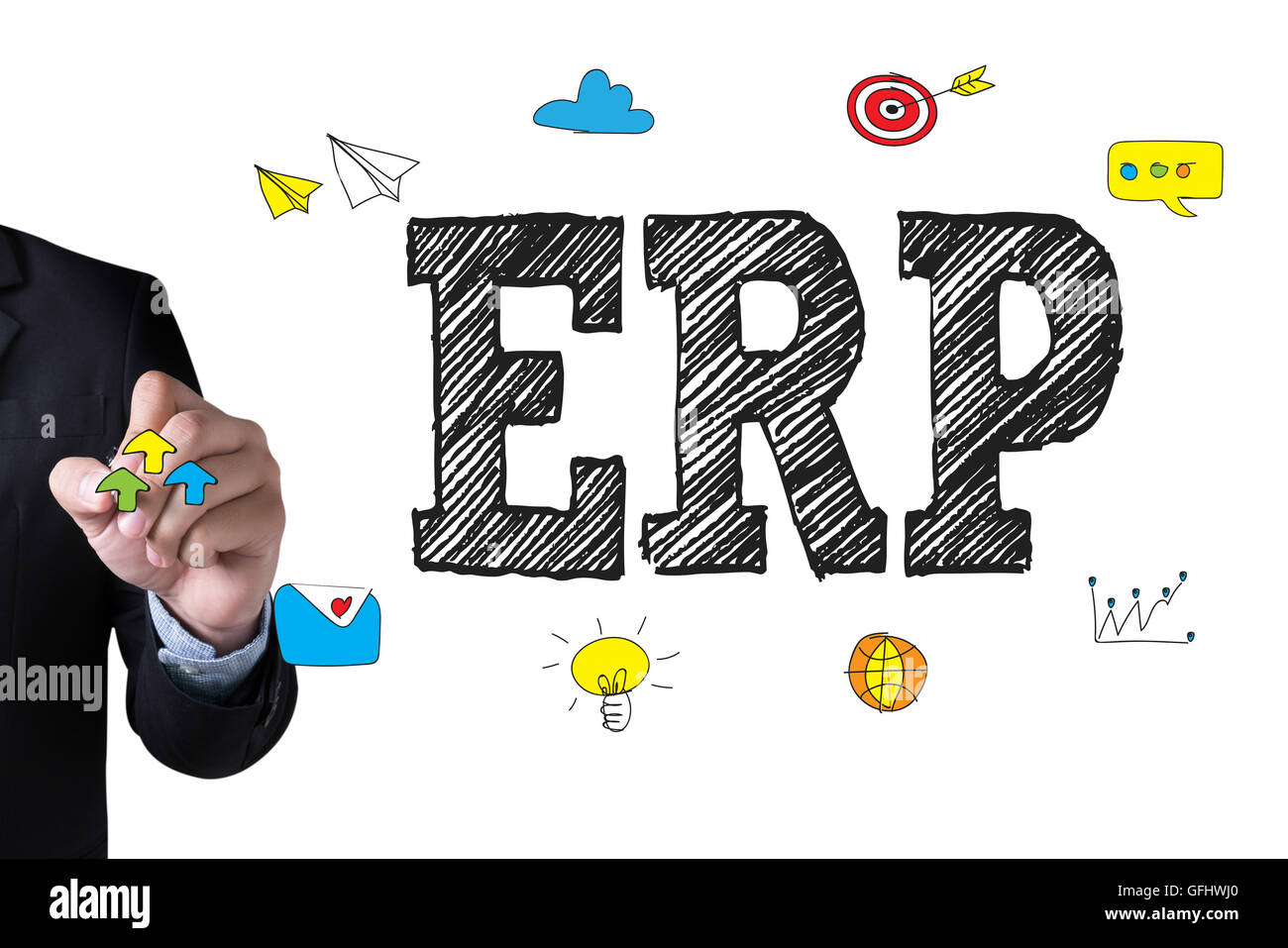 ERP and Businessman drawing Landing Page on white background Stock ...