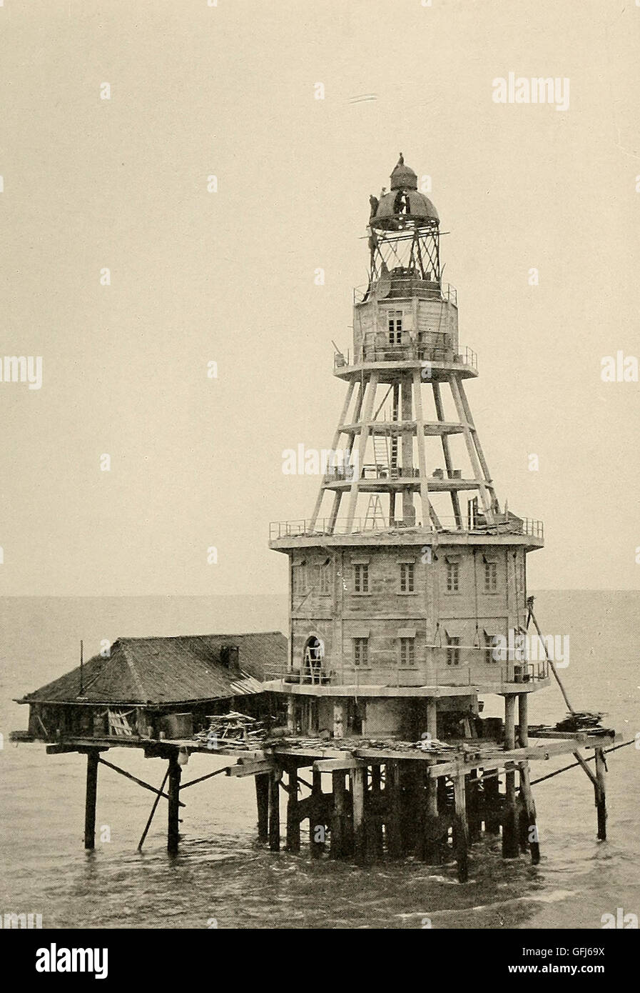 Completing the One Fathom Bank Lighthouse in the Malacca Straits, circa ...
