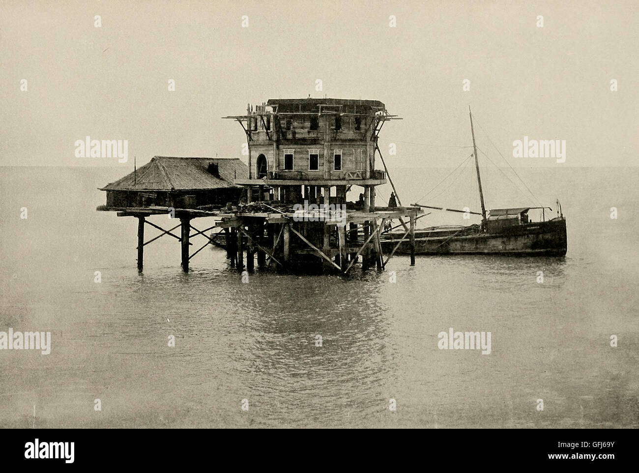 The One Fathom Bank Lighthouse, Malacca Straits, in course of erection ...