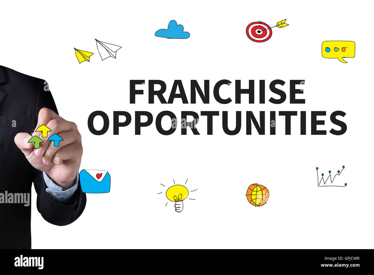 FRANCHISE OPPORTUNITIES and Businessman drawing Landing Page on white ...