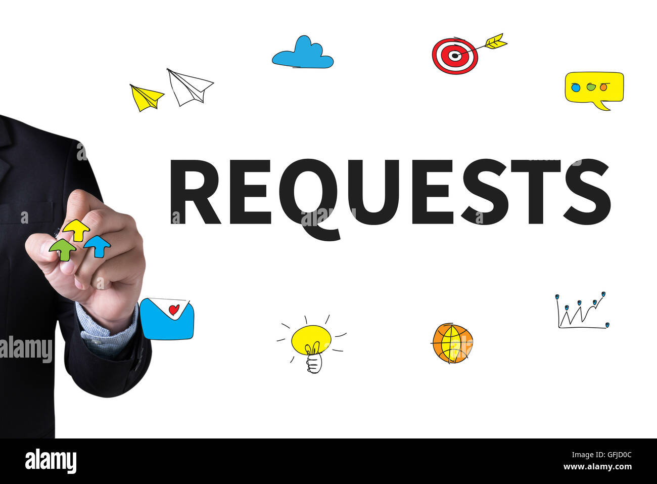 REQUESTS and Businessman drawing Landing Page on white background Stock ...