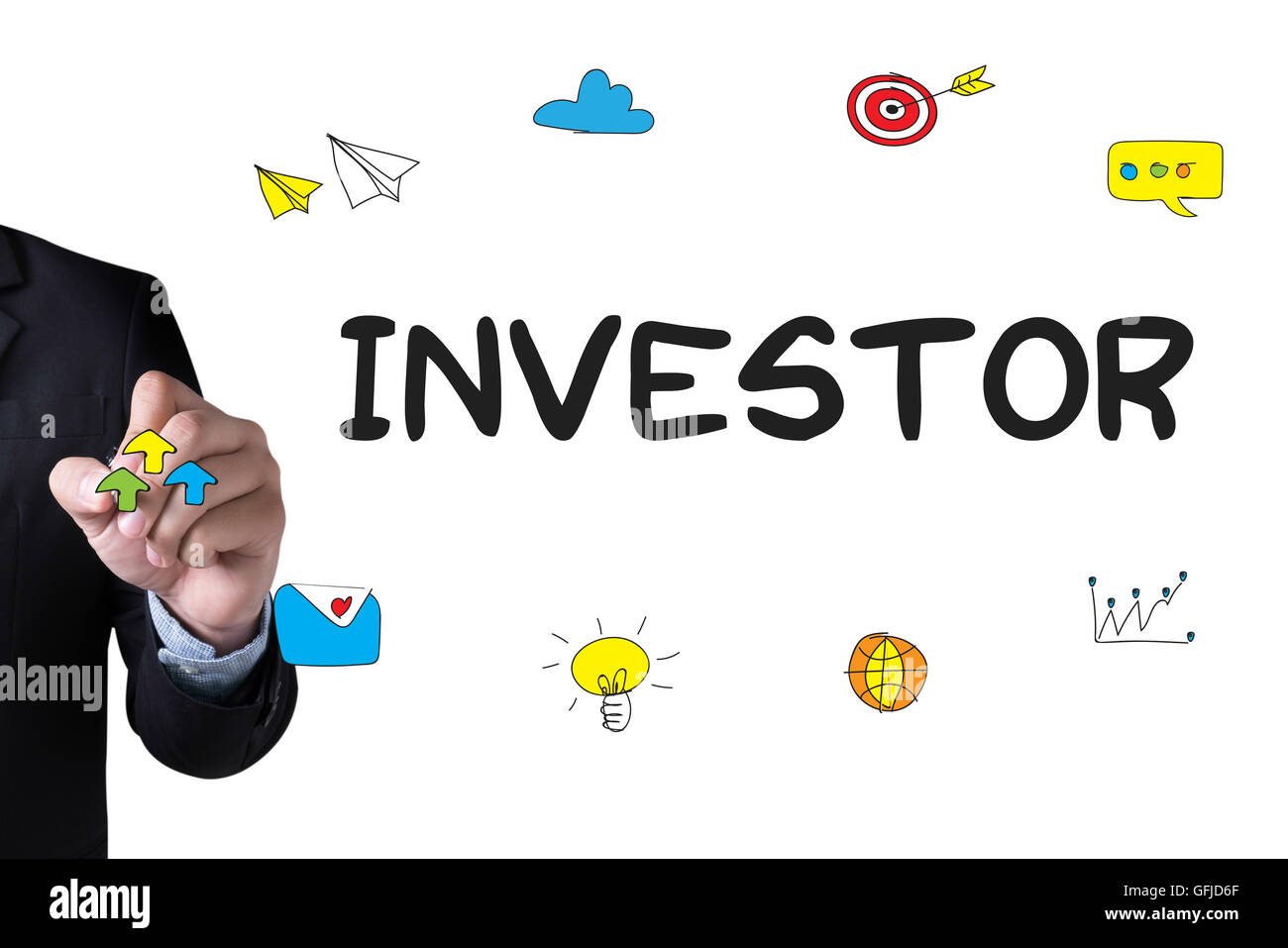 INVESTOR and Businessman drawing Landing Page on white background Stock ...