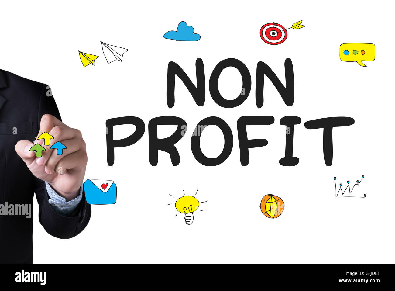 NON PROFIT and Businessman drawing Landing Page on white background ...