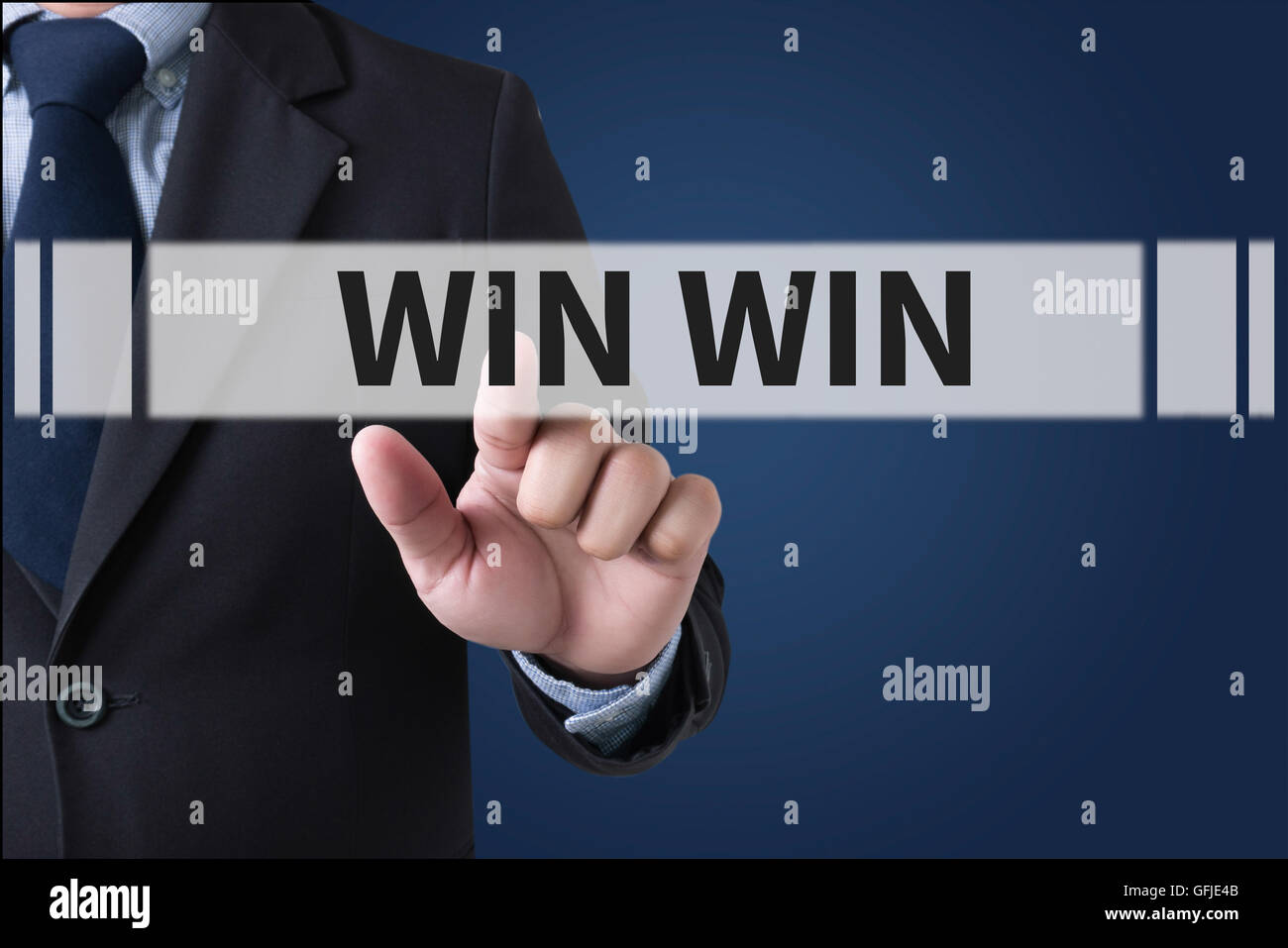 WIN WIN Businessman hands touching on virtual screen and blurred city ...