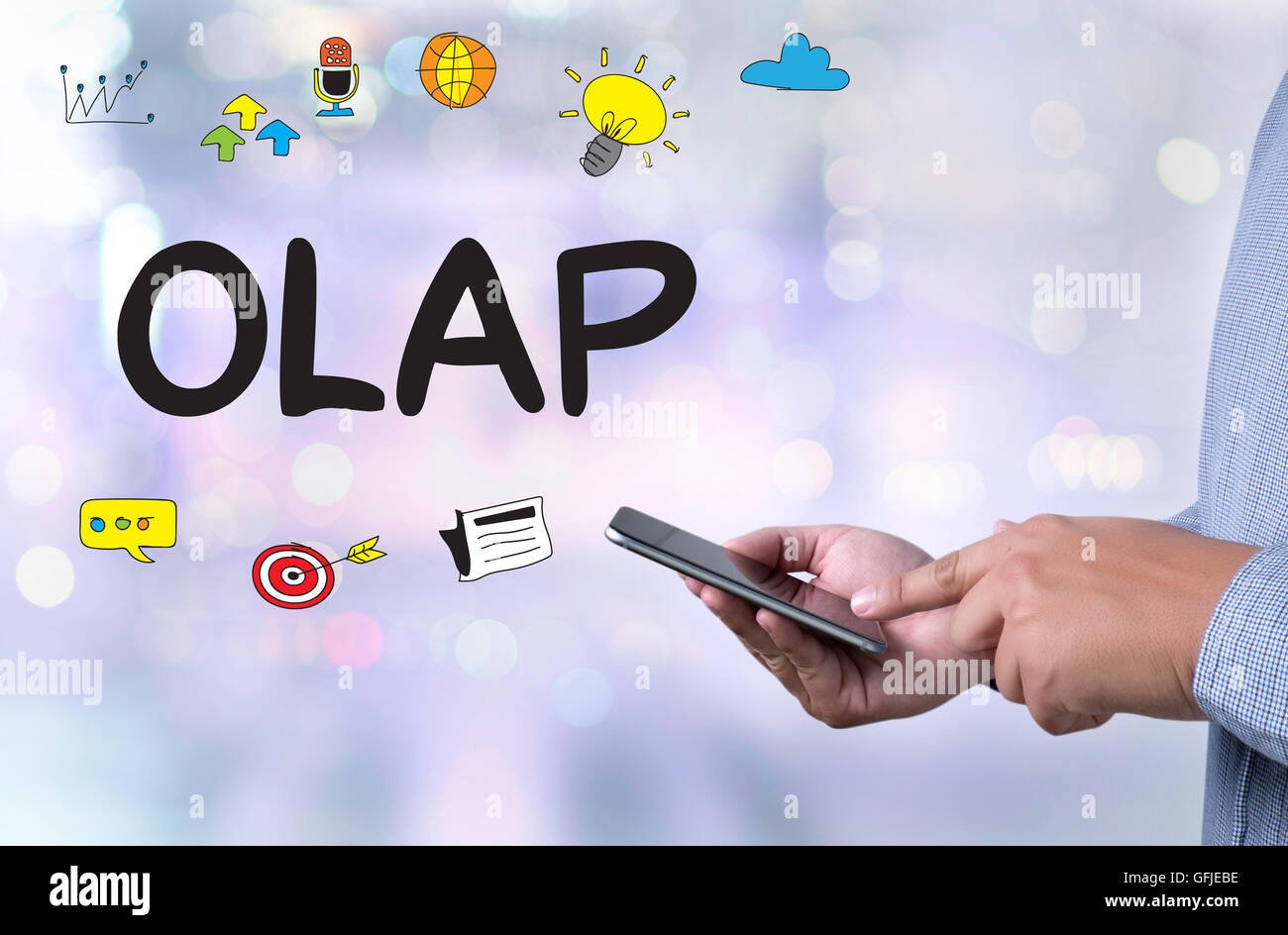 OLAP - Online Analytical Processing person holding a smartphone on ...