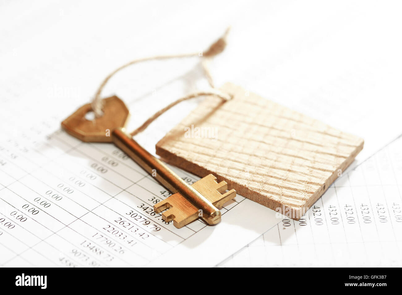 Key attached to blank tag with rope on paper background with digits ...