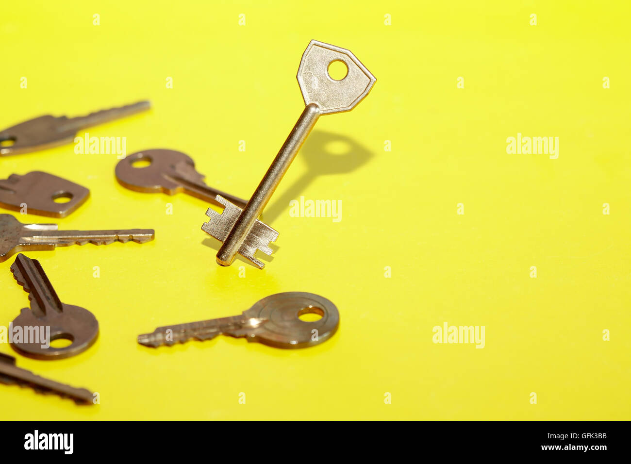 Individuality concept. One key standing near keys set lying on yellow ...