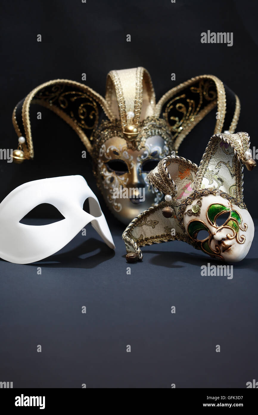 Theater concept. Set of classical mask on dark background Stock Photo ...