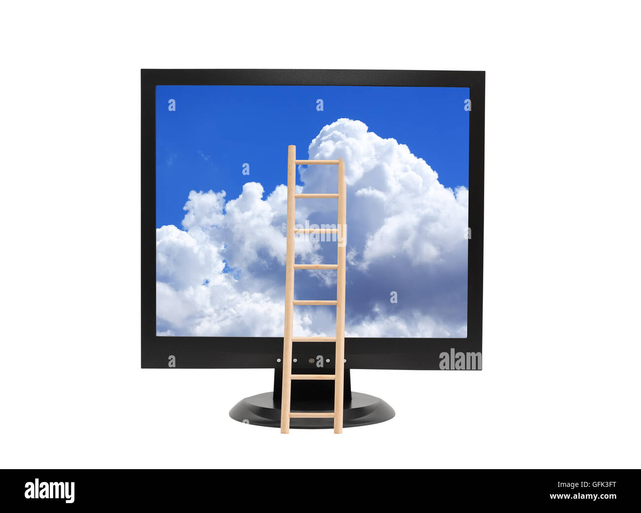Wooden ladder near computer screen with blue sky. Isolated with ...