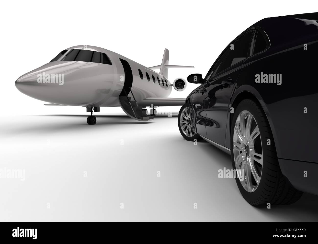 3D render image of a plane and a taxi representing an luxurious car and ...