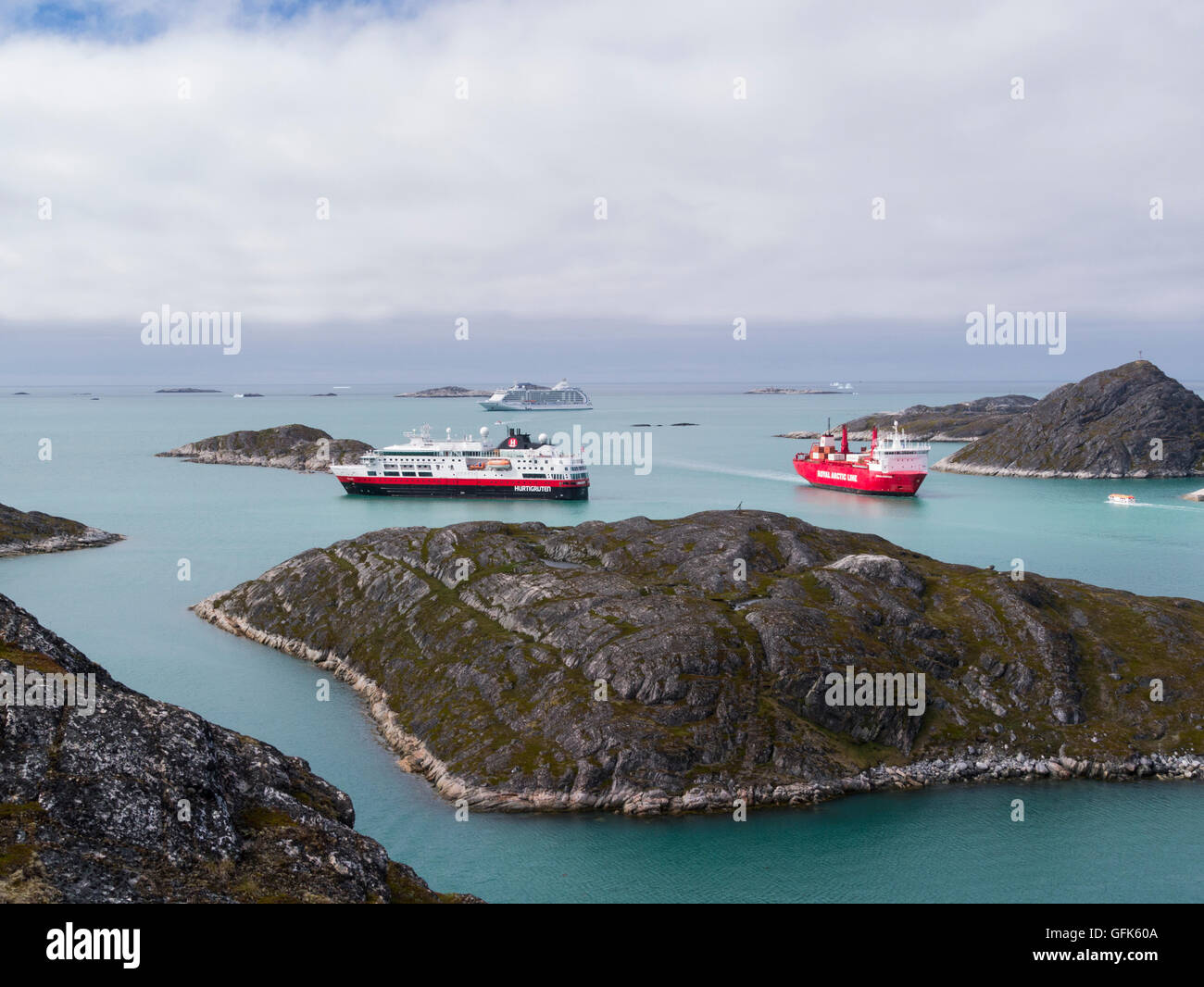 Royal Arctic Line container ship approaching Paamiut Town along ...