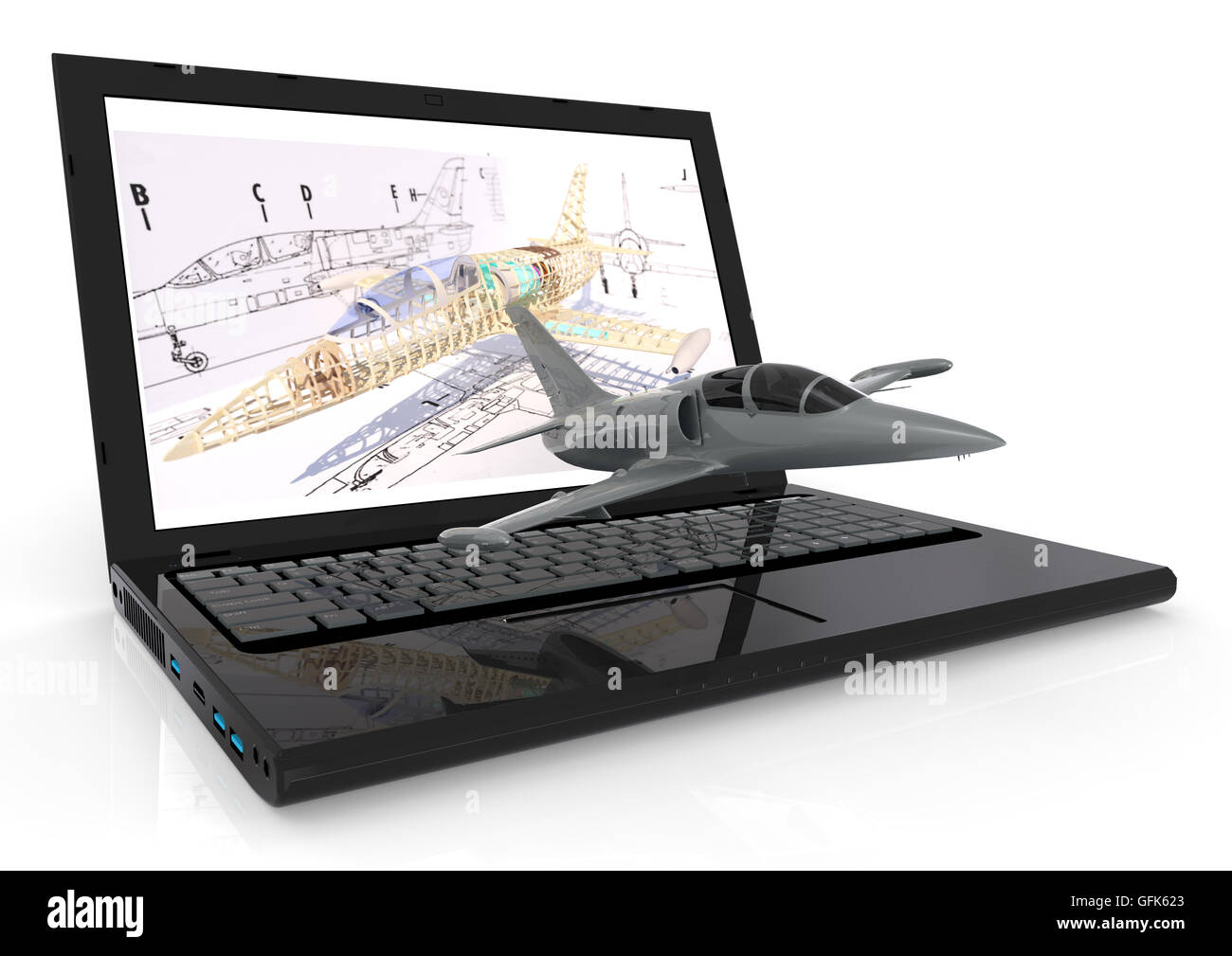 3D render image of a laptop with an airplane on keyboard representing ...
