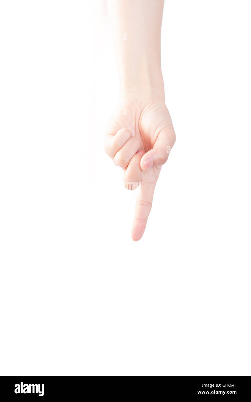 Pointing finger: Down on white isolated background Stock Photo - Alamy