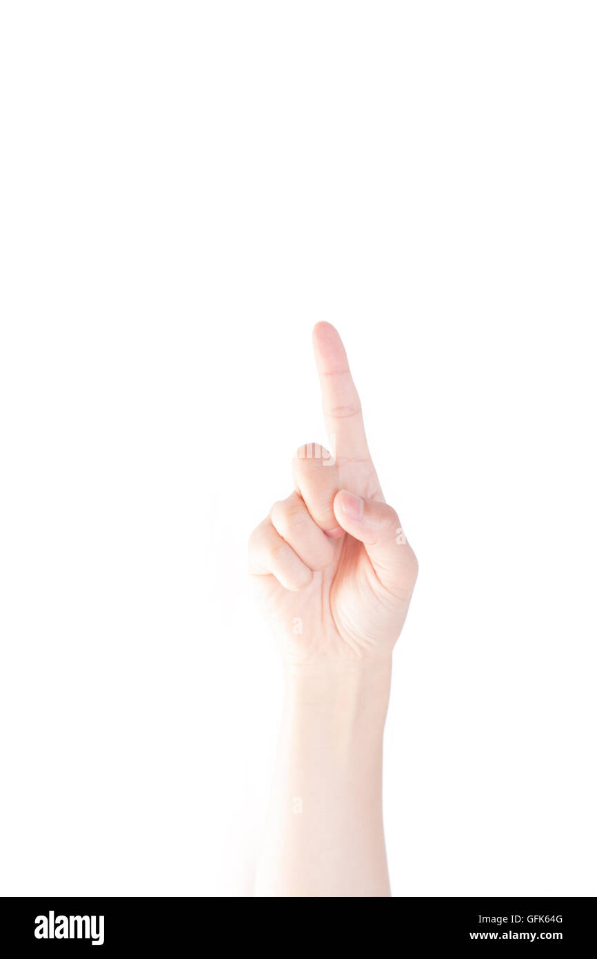 Pointing finger: Up on white isolated background Stock Photo - Alamy