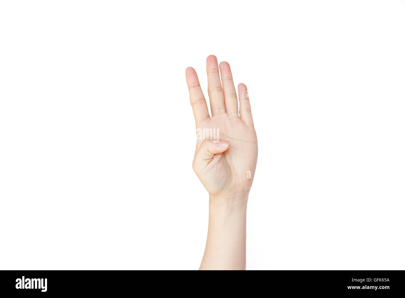 Japanese hand gesture: Number four on white isolated background Stock ...