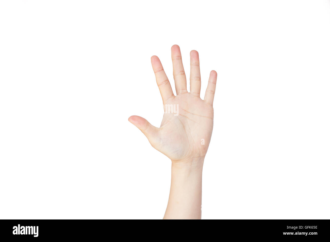 Japanese hand gesture: Number five on white isolated background Stock Photo - Alamy
