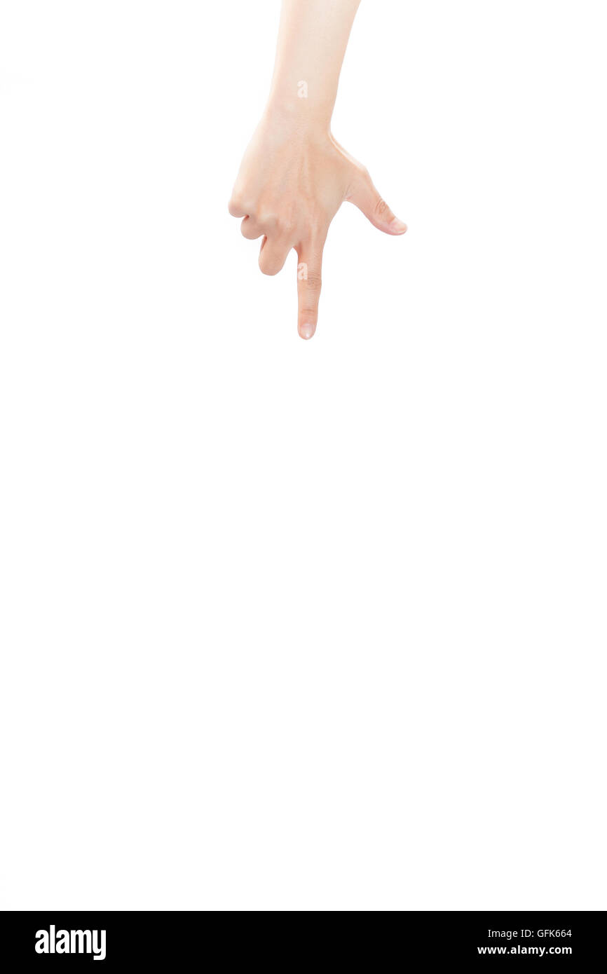 Pointing finger: Down on white isolated background Stock Photo - Alamy
