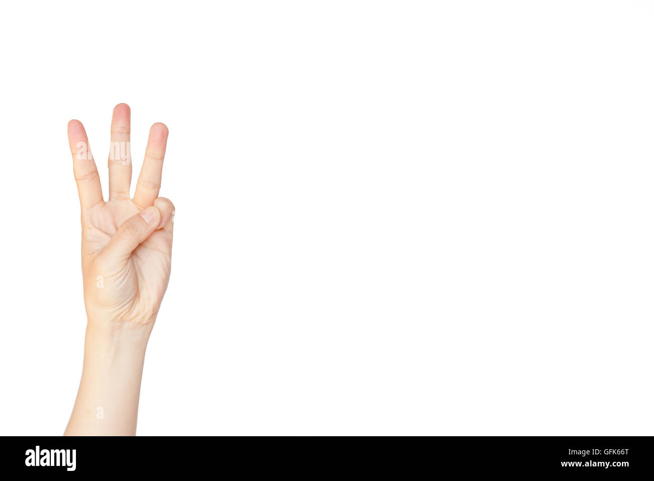 Japanese hand gesture: Number three on white isolated background Stock ...