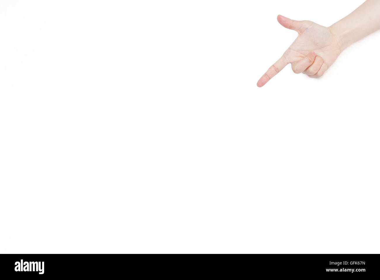 Pointing finger: Down on white isolated background Stock Photo - Alamy