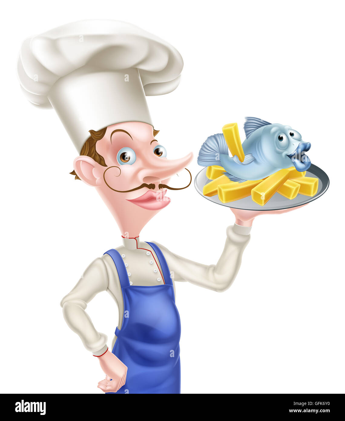 A cartoon seafood chef holding a platter or plate with fish and chips ...