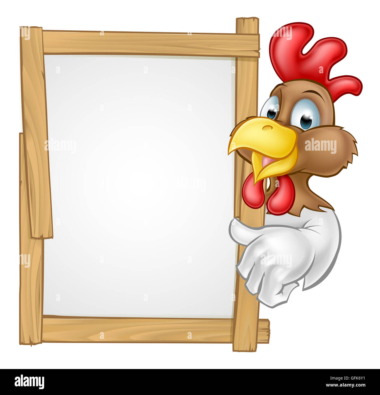 A cartoon chicken rooster character pointing at a sign or giving a ...