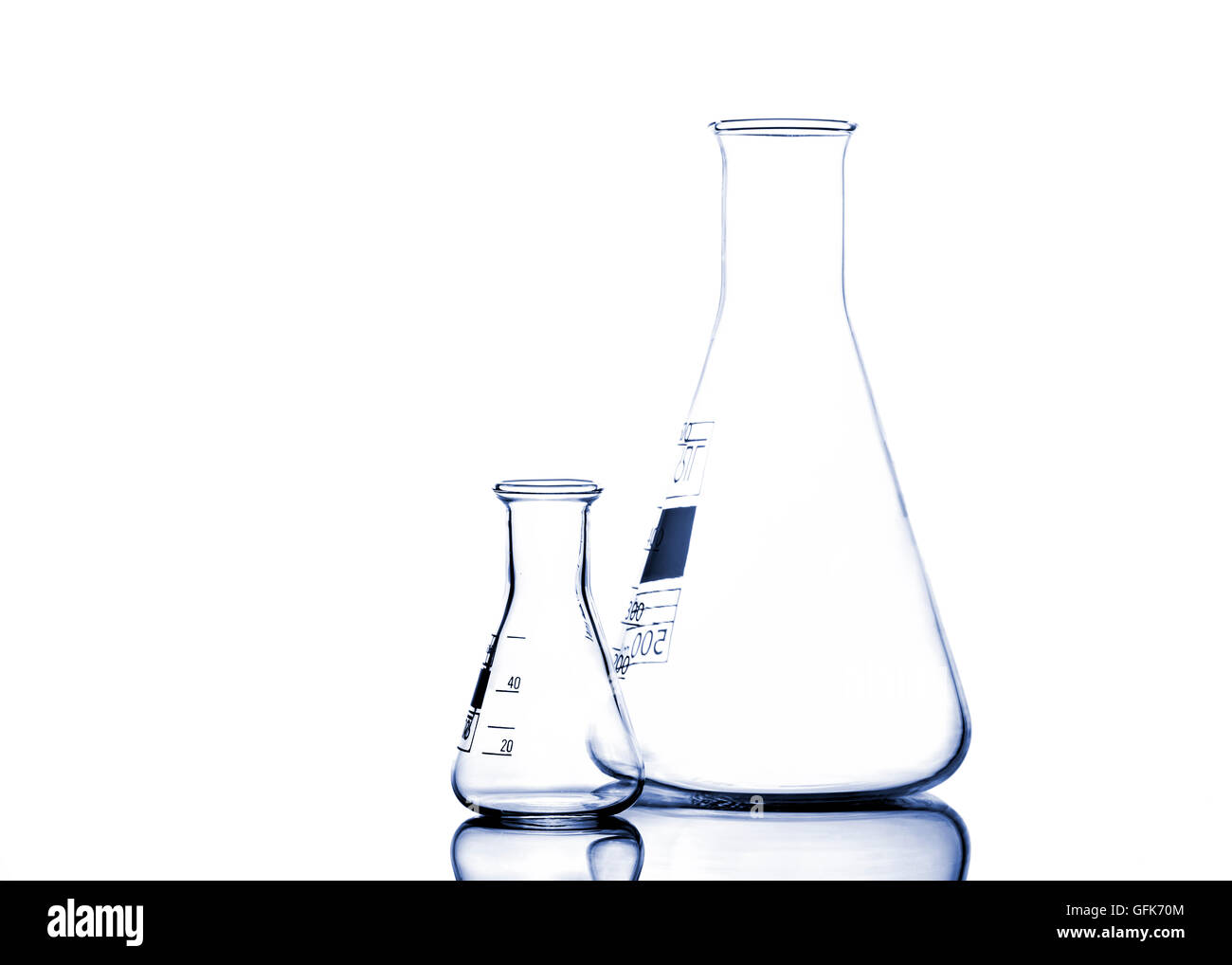 Test-tubes with reflections on a white and blue background. Laboratory ...
