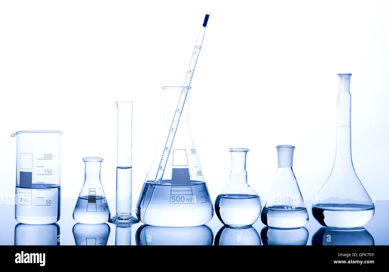 Test-tubes with reflections on a white and blue background. Laboratory ...