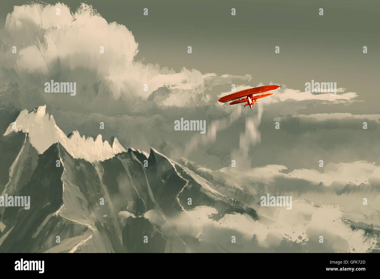red biplane flying over mountain,illustration,digital painting Stock ...