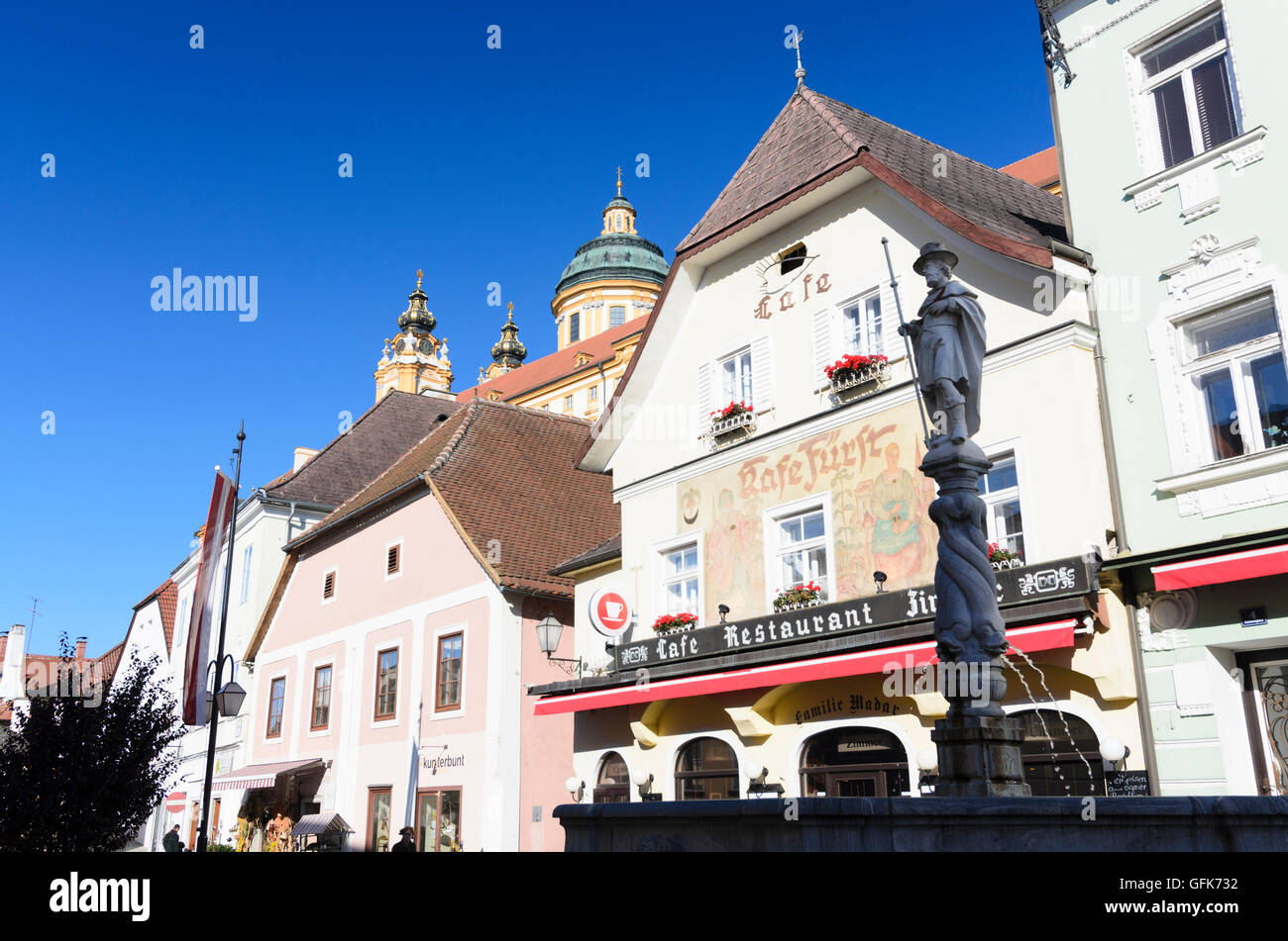 Melk: Town Square with Kolomani Fountain and Melk Abbey monastery ...