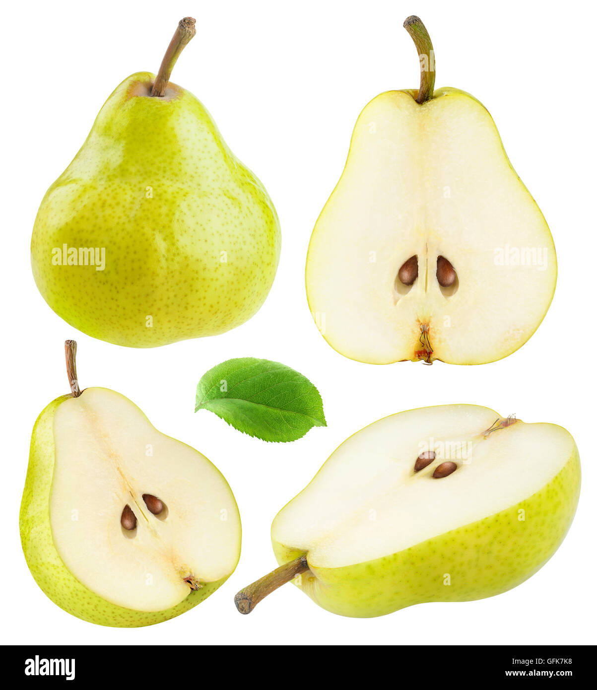 Isolated pears. Collection of whole and sliced yellow green pear fruits ...