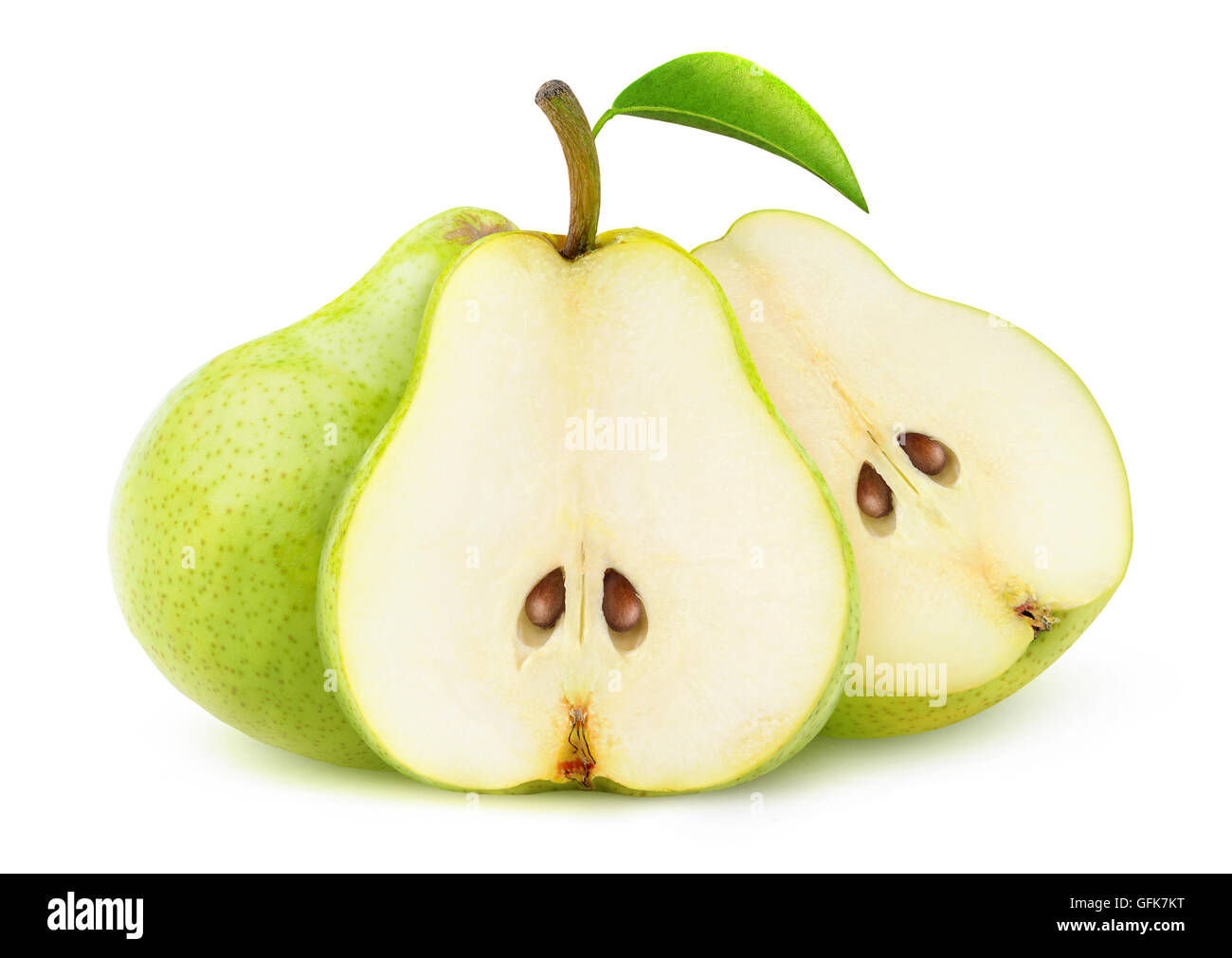 Isolated yellow green pears. Cut pear fruits isolated on white ...