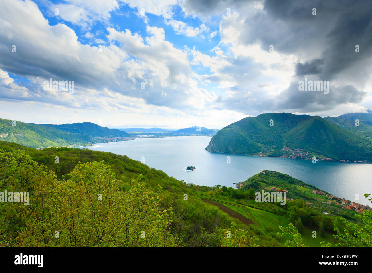 Lake panorama from "Monte Isola", Italy. Italian landscape. Island on ...