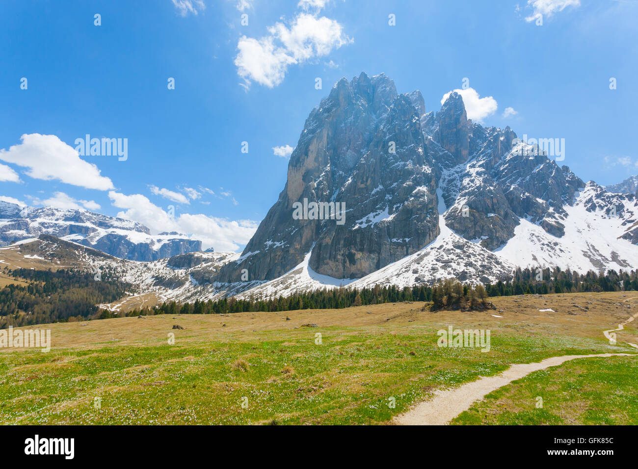 Italian dolomites landscape. View of famous "Sassolungo" mountain "Alpe ...